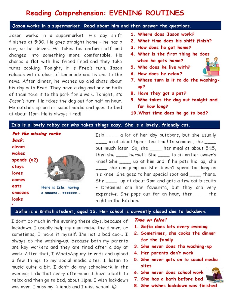 Reading Comprehension: EVENING ROUTINES: Jason Works in A Supermarket ...