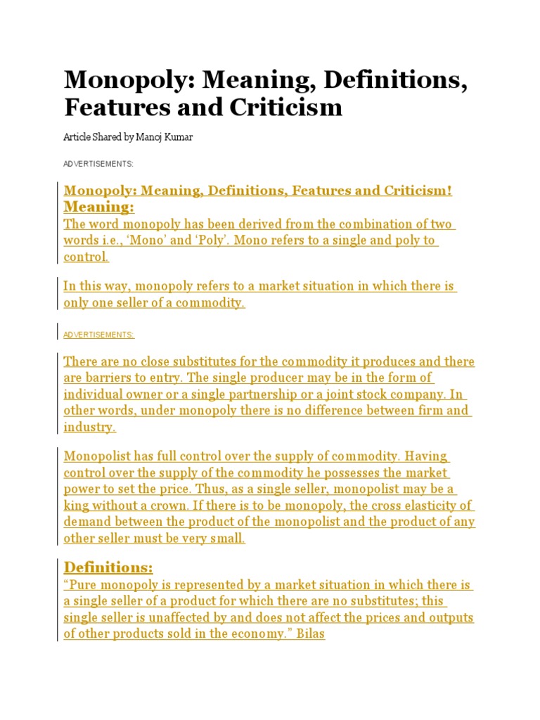 Monopoly: Meaning, Definitions, Features and Criticism | PDF | Monopoly ...