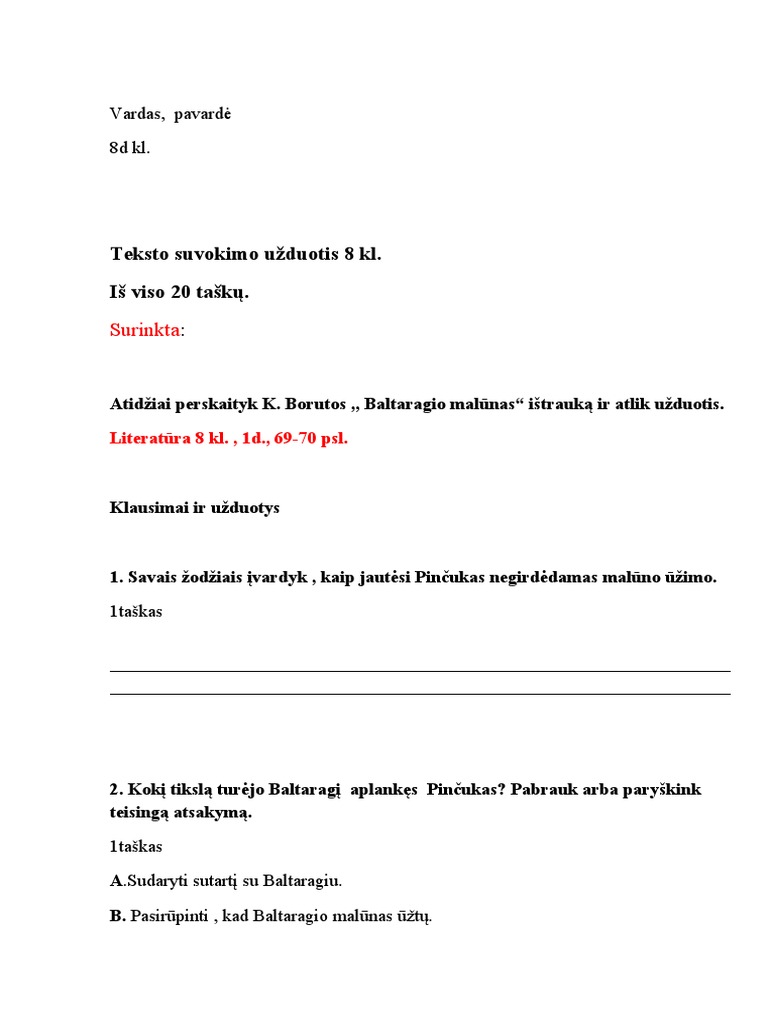 Teksto Suvokimo Uzduotis 8 KL | PDF
