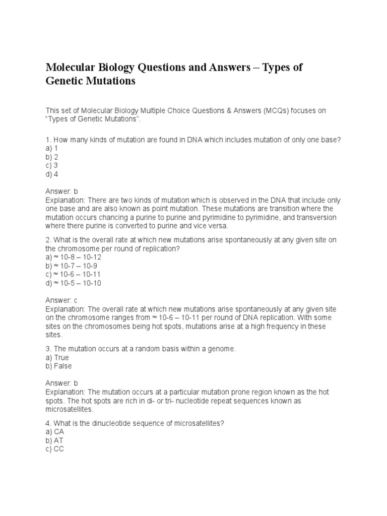 Molecular Biology Questions and Answers - Types of Genetic Mutations ...