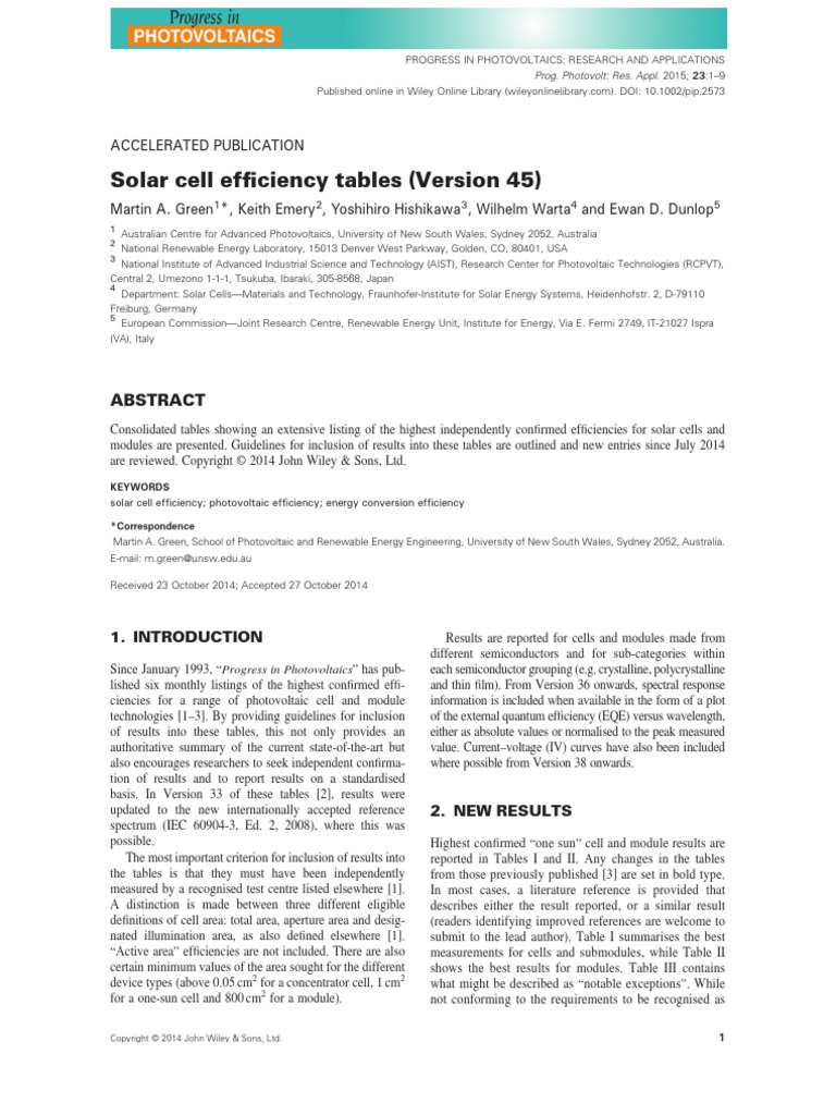 Solar Cell Efficiency Tables (Version 45) | Download Free PDF | Thin ...