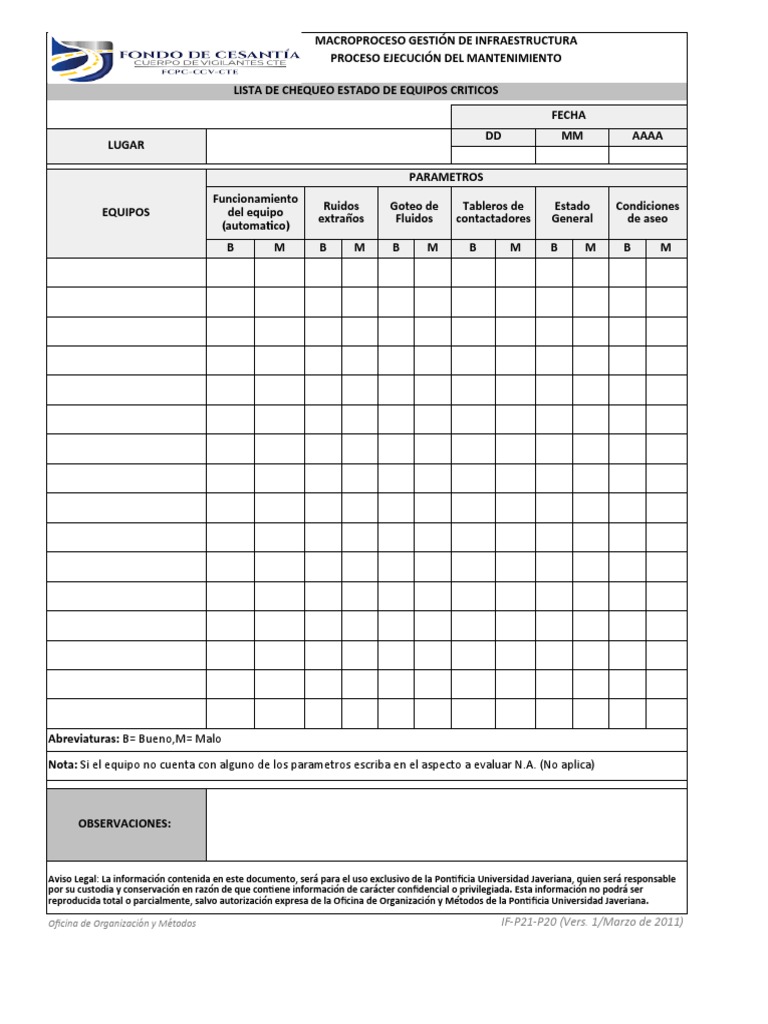 FCPC-P01-F01 Formato Lista de Chequeo Estado de Equipos Críticos | PDF