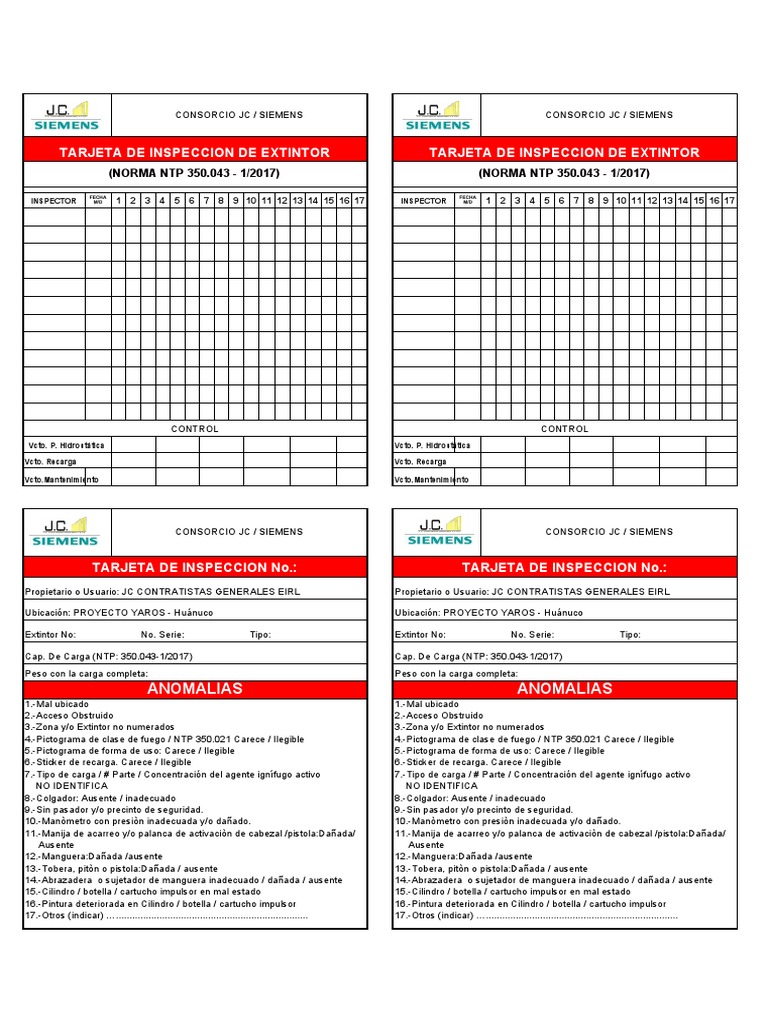 Tarjeta De Inspeccin De Extintoresdocx Tarjetas Extintores | PDF