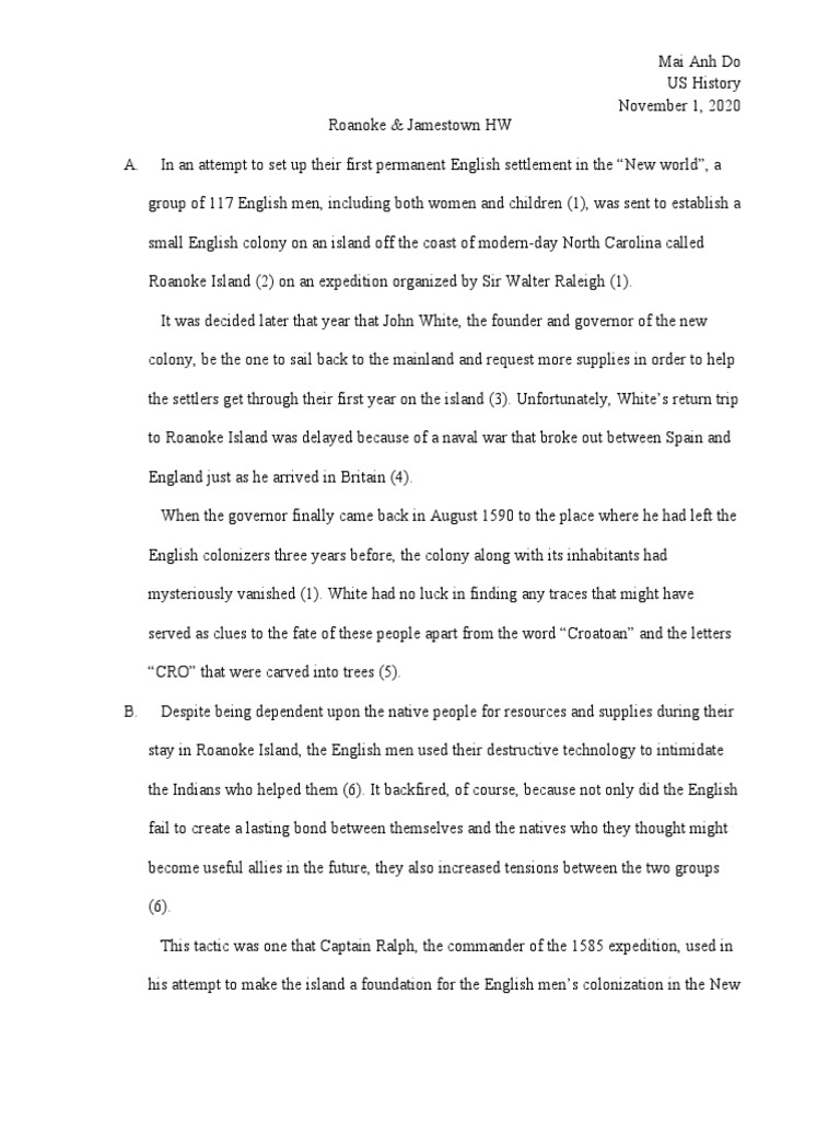 Roanoke Jamestown HW | PDF | Roanoke Colony