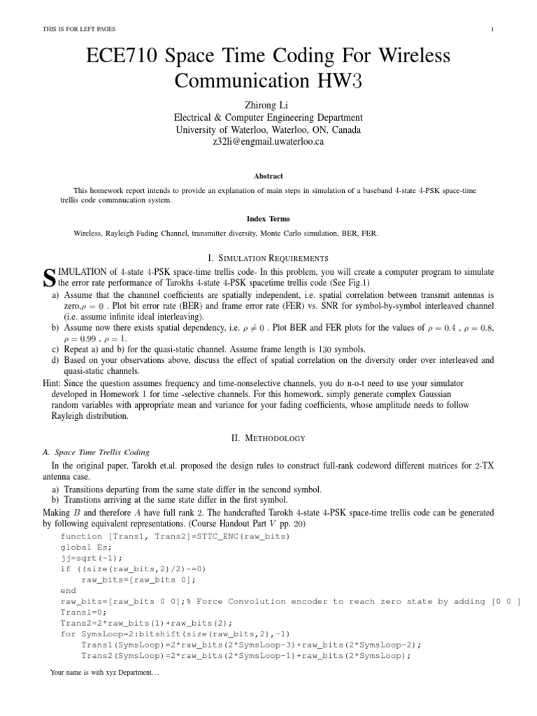 ECE710 Space Time Coding For Wireless Communication HW | PDF ...