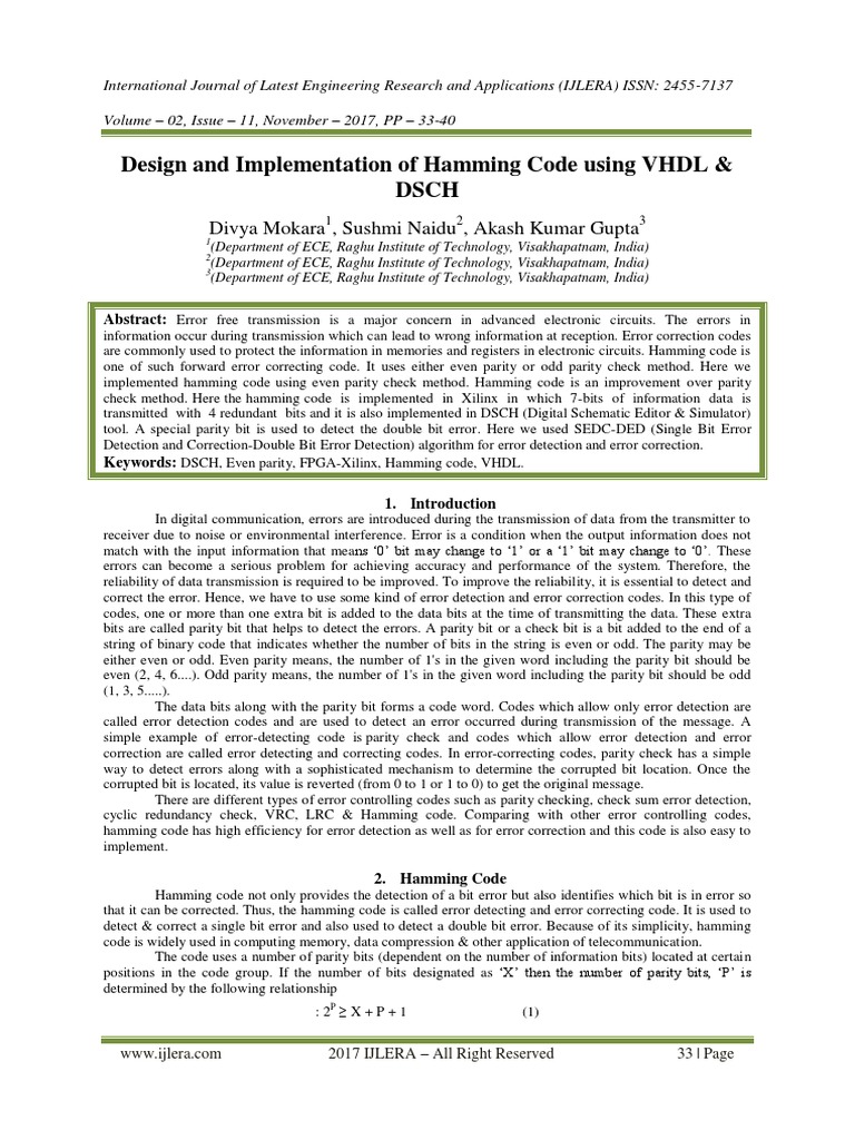 Design and Implementation of Hamming Code Using VHDL & DSCH: Divya Mokara, Sushmi Naidu, Akash ...