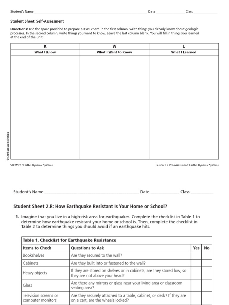 Student Sheet: Self-Assessment: STCMS™ / Earth's Dynamic Systems Lesson ...