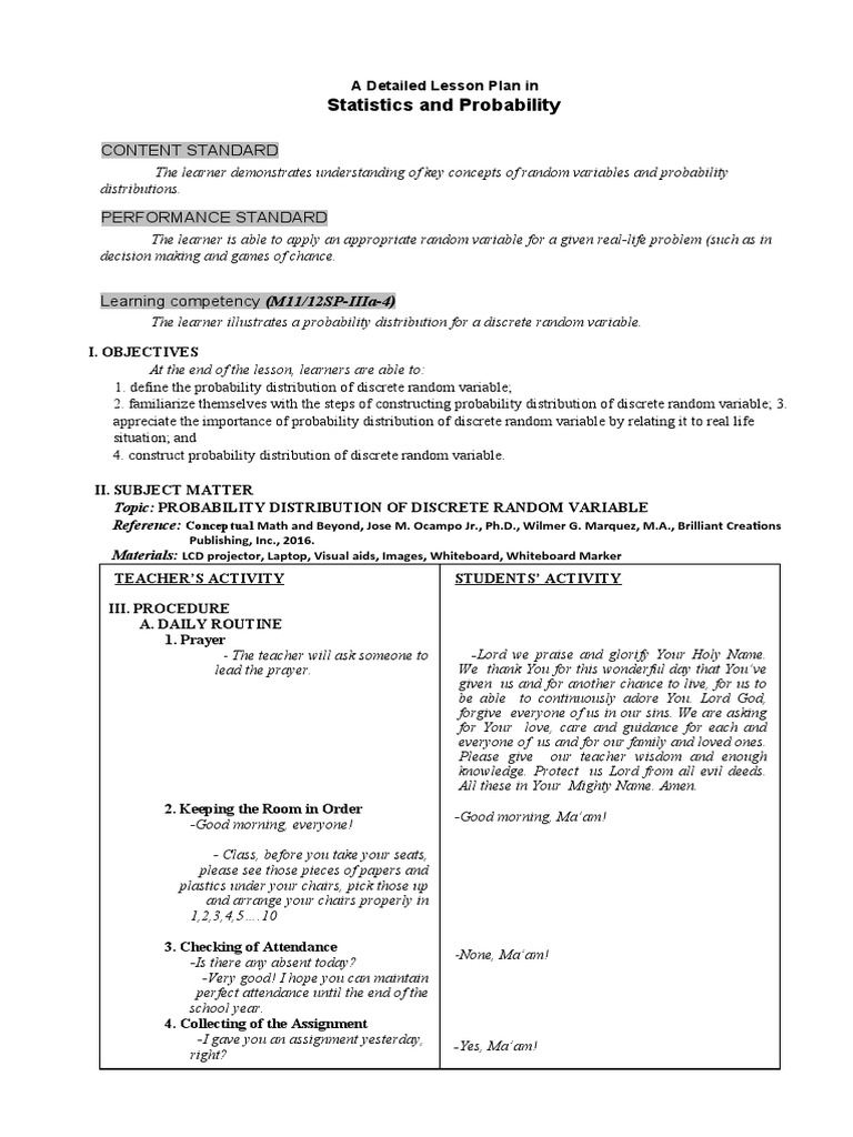 A Detailed Lesson Plan in Statistics and Probability | PDF ...