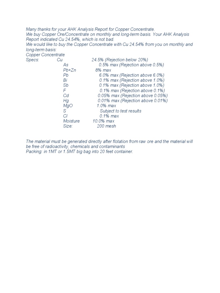 Copper Concentrate Purchase Specifications | PDF