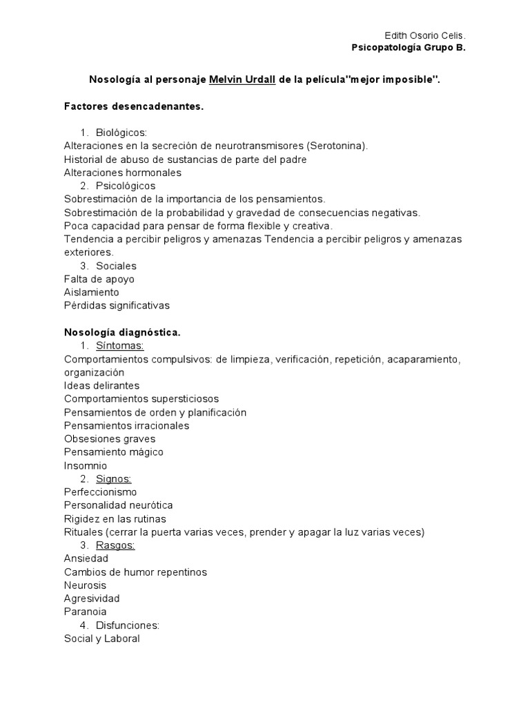 Psicopatología de Melvin Urdall: TOC | PDF