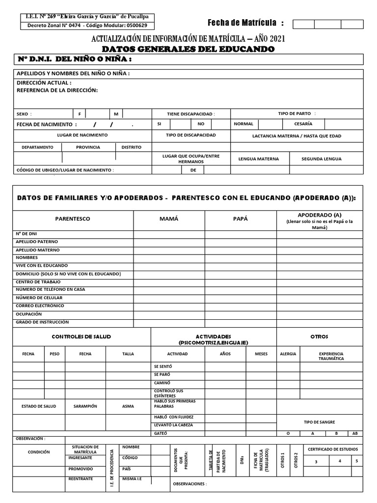 Ficha - Actualización de Datos Del Educando PDF | PDF | Idiomas | Médico de atención primaria