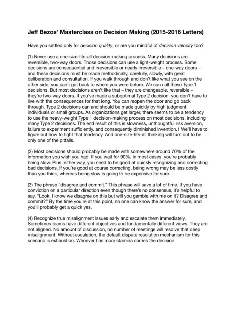 Bezos' Masterclass On Decision Making | PDF | Decision Making | Psychological Concepts