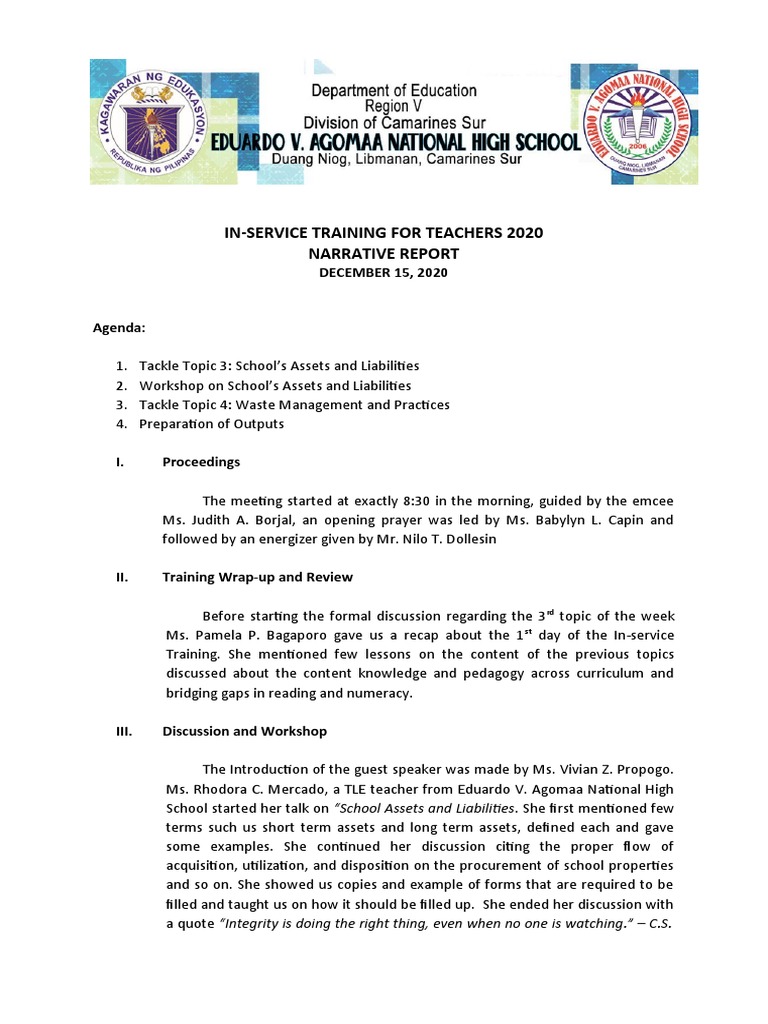 Inservice Training Narrative Report | PDF | Waste Management | Waste