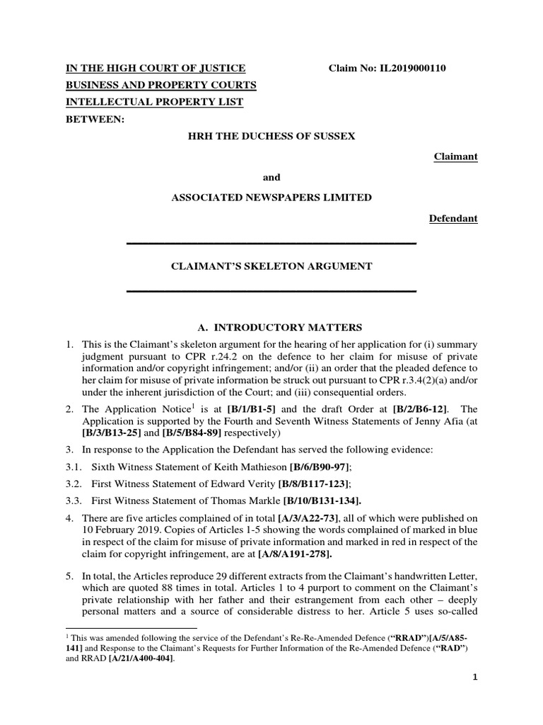 Claimant's Skeleton Argument Dated 14.01.21 Including Schedules A and B ...