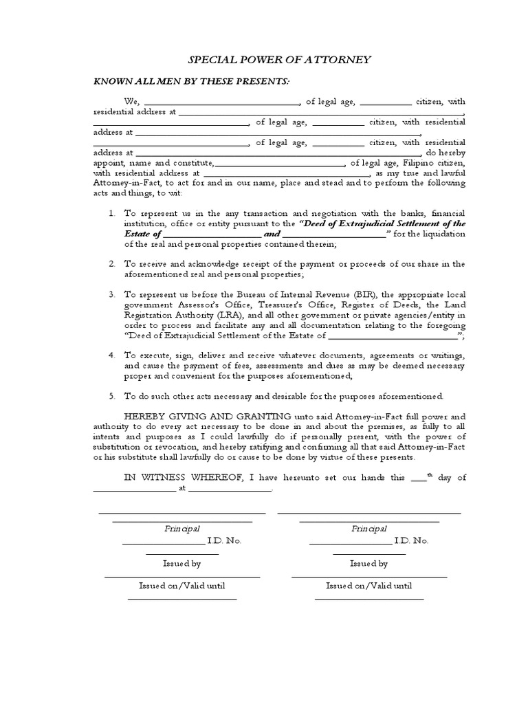 SPA Template | PDF | Power Of Attorney | Deed