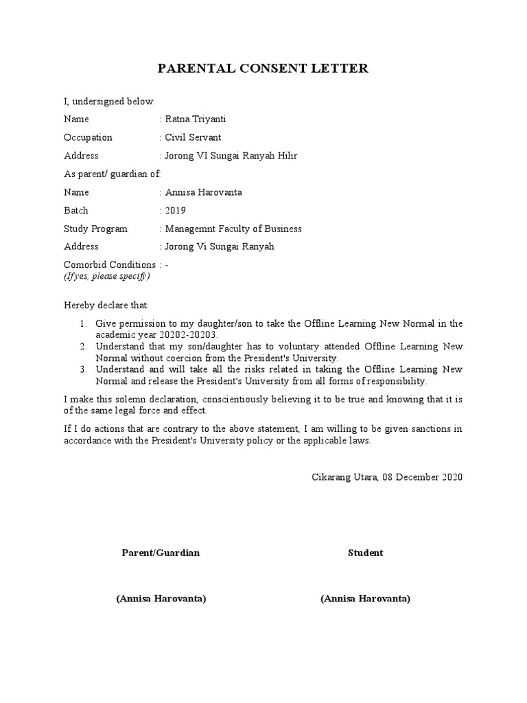 Eng Version Template (Parental Consent Letter) | PDF