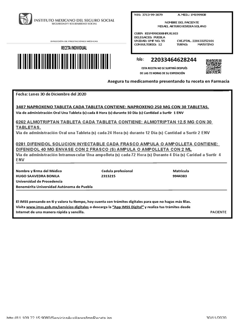 Receta médica de Misael Arturo Rivera Solano con medicamentos para ...