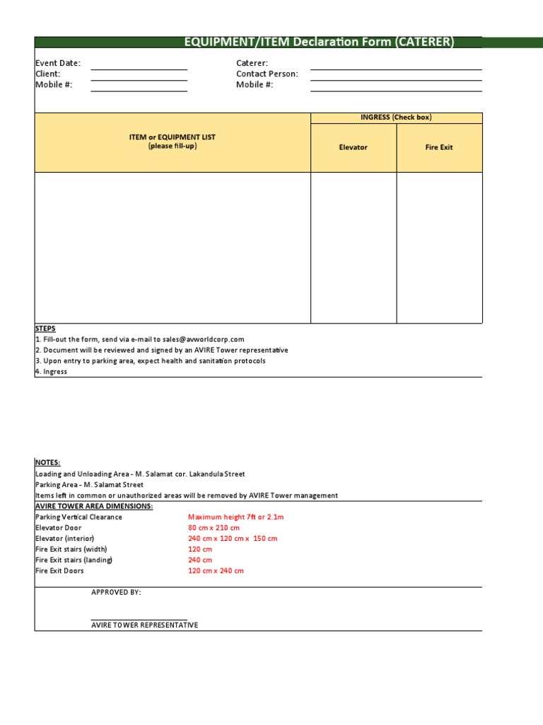 AVIRE Tower Events - Equipment Declaration Form | PDF | Elevator ...