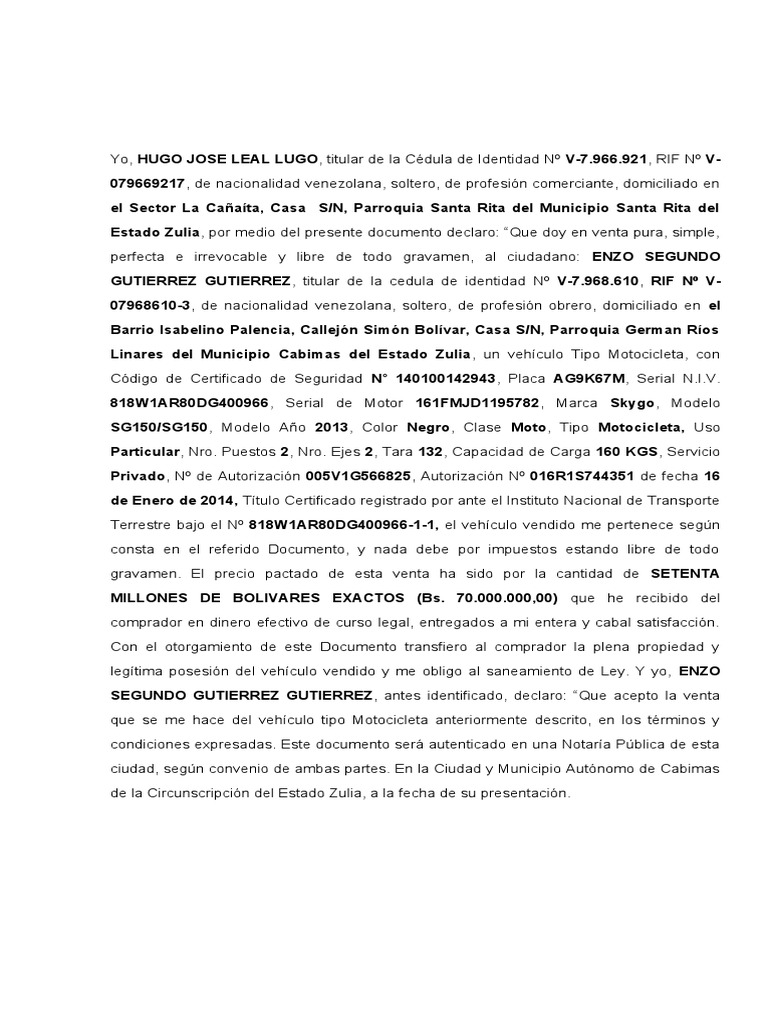Documento Compra Venta de Moto | PDF