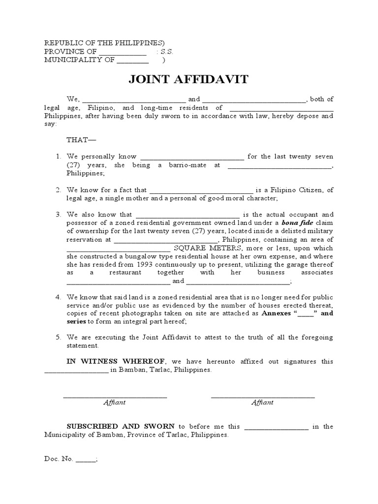 Joint Affidavit: Is The Actual Occupant and | PDF