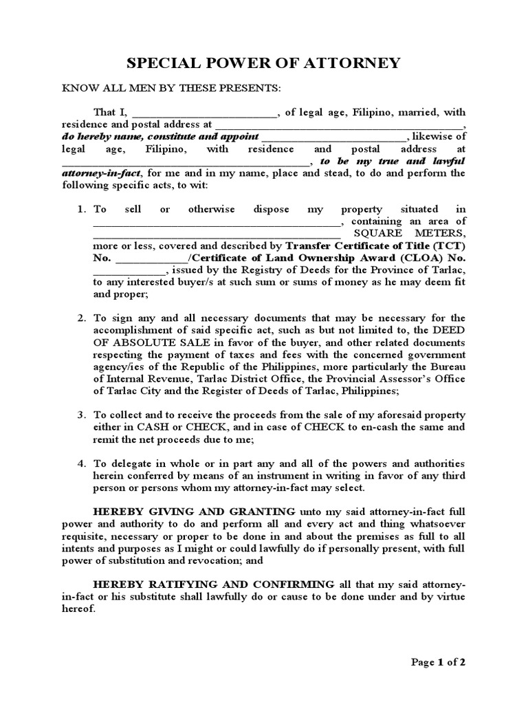 Special Power of Attorney | PDF | Power Of Attorney | Civil Law (Legal ...