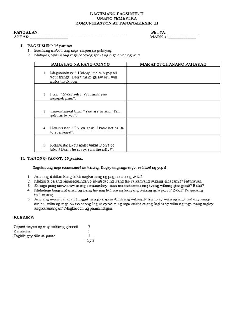 Pagsulat at Pananaliksik Unang Lagumang Pagsusulit | PDF