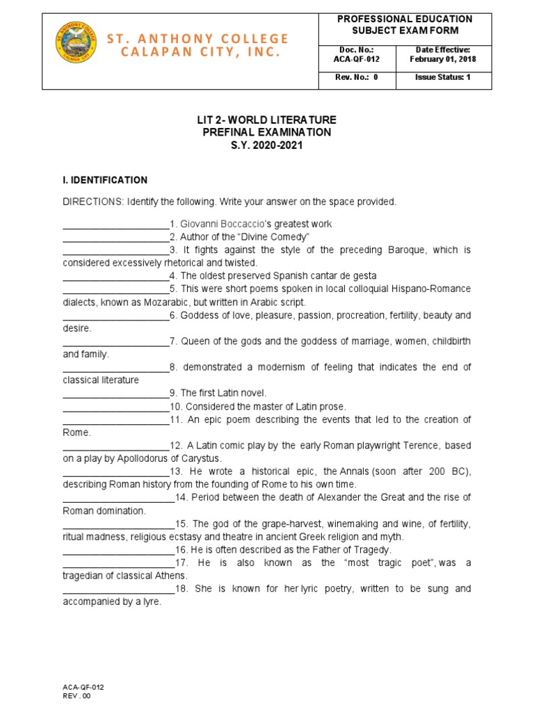 Prefinal Examination World Lit | PDF | Hera | Roman Empire
