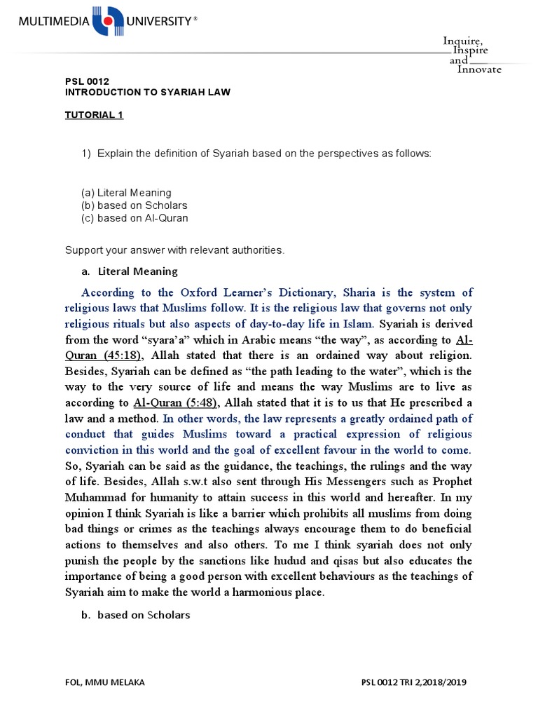 Intro To Syariah Law - Tutorial 1 | PDF | Sharia | Quran