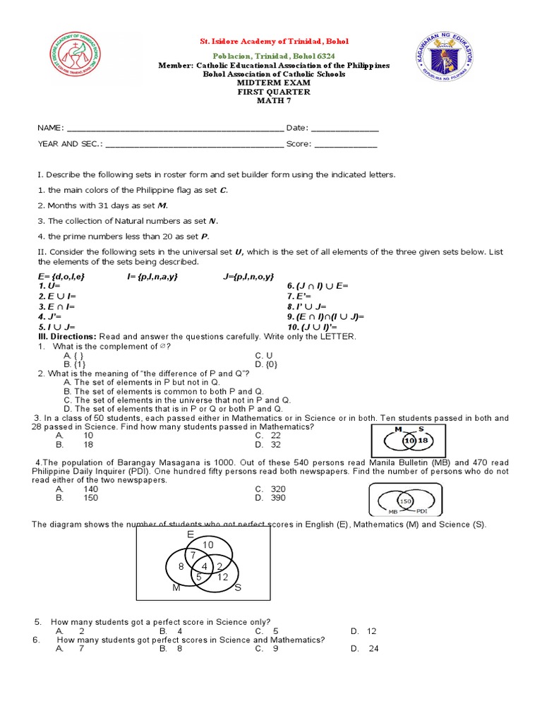 Math 7 Midterm Exam - Set Theory | PDF | Science | Science (General)