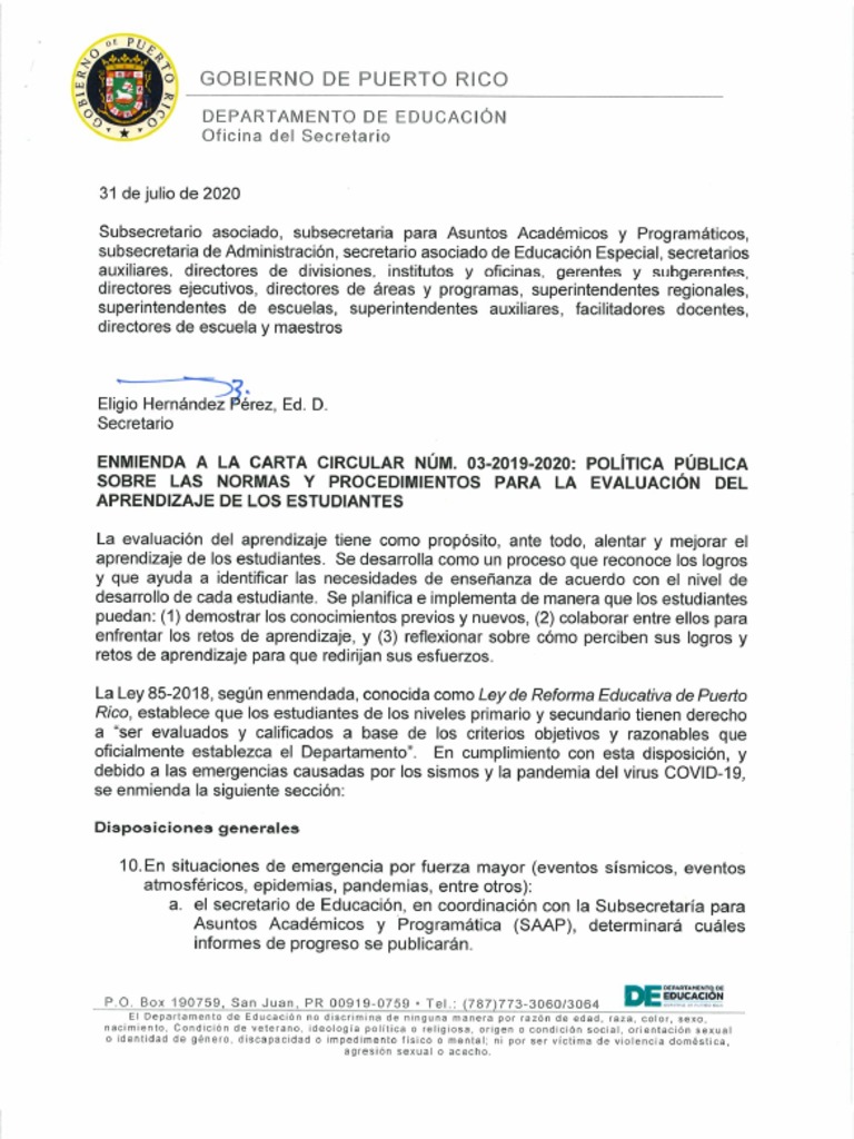 Carta Circular 03-2019-2020 Enmendada | PDF