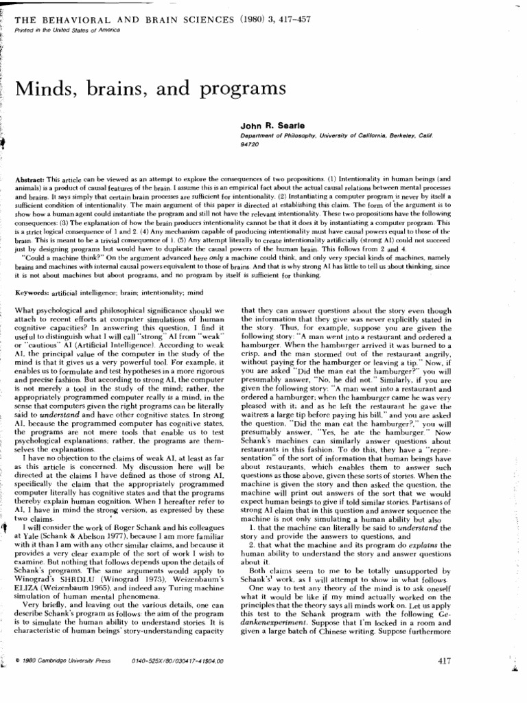 (The Behavioral and Brain Sciences, (1980) 3, Pp. 417-457) John Searle - Minds, Brains and ...
