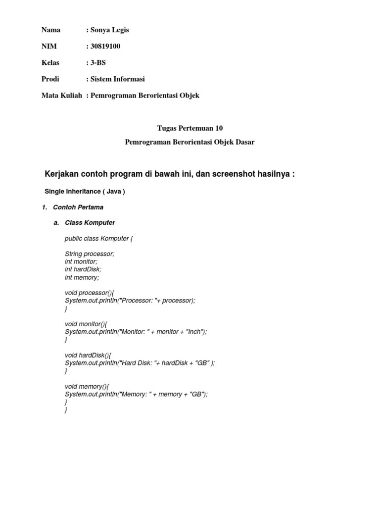 Tugas Pertemuan 10 Pemrograman Berorientasi Objek - Sonya Legis (30819100) | PDF | Constructor ...