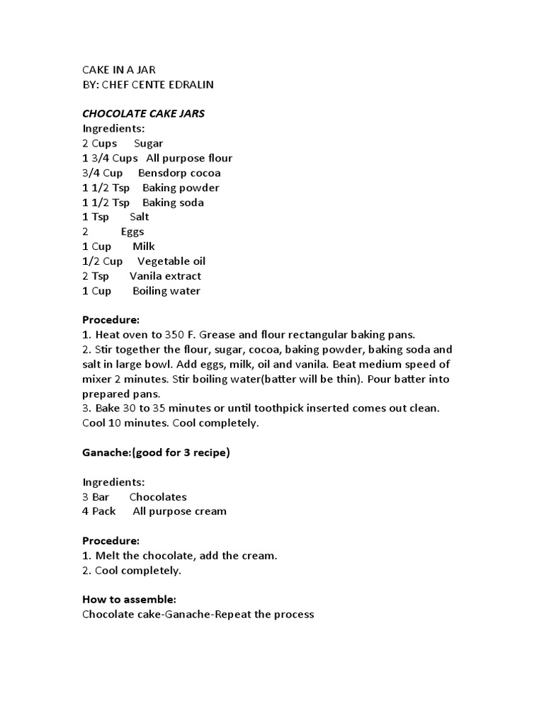 Chocolate Cake Jars: Procedure | PDF