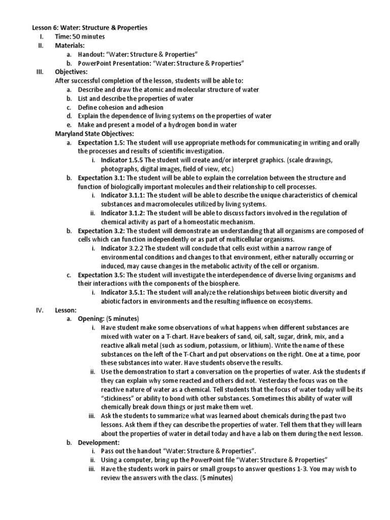 Day 6 - Lesson Plan - Structure and Property of Water-2 | PDF ...
