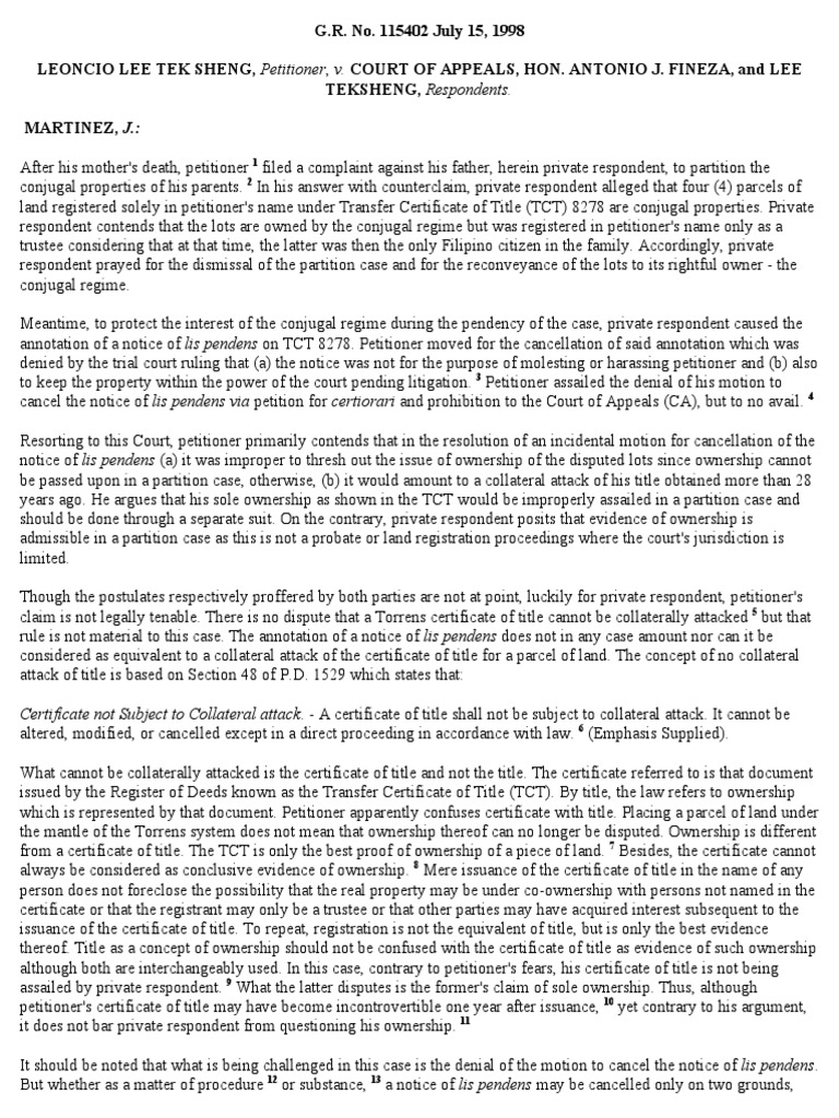 Partition Case: Lis Pendens Ruling Explained | PDF | Title (Property) | Mortgage Law