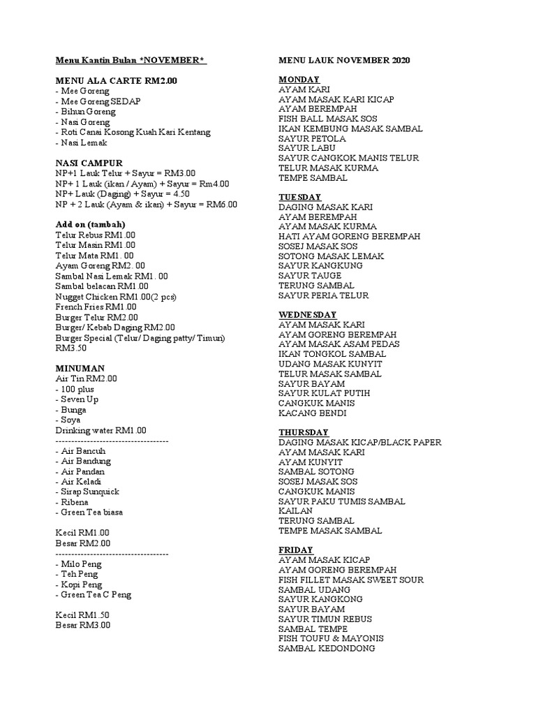 Menu Kantin Bulan Nov | PDF | Indonesia | Southeast Asian Cuisine