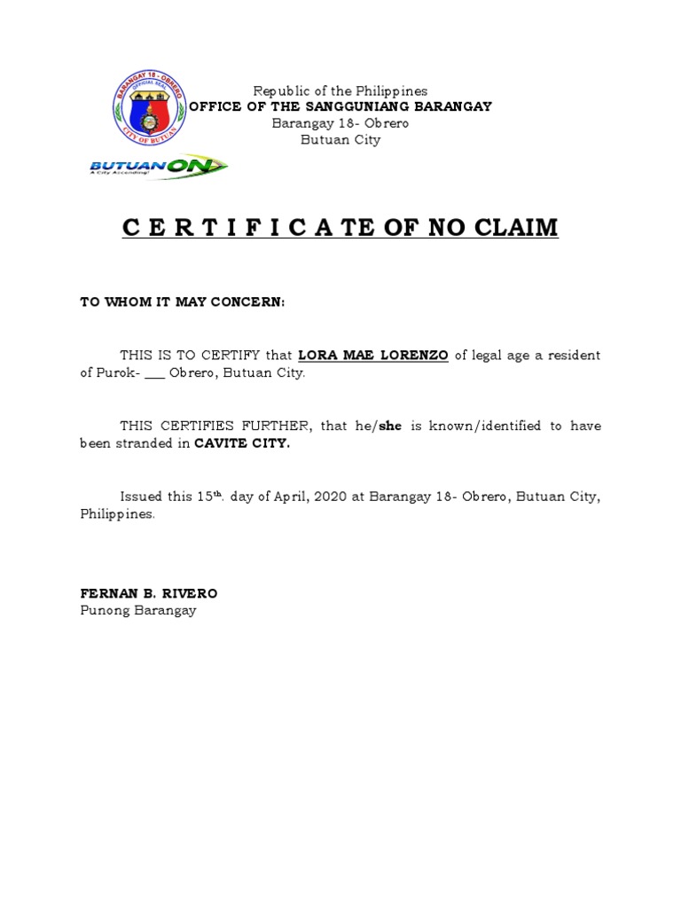 Certificate of No Claim - Barangay 18 | PDF