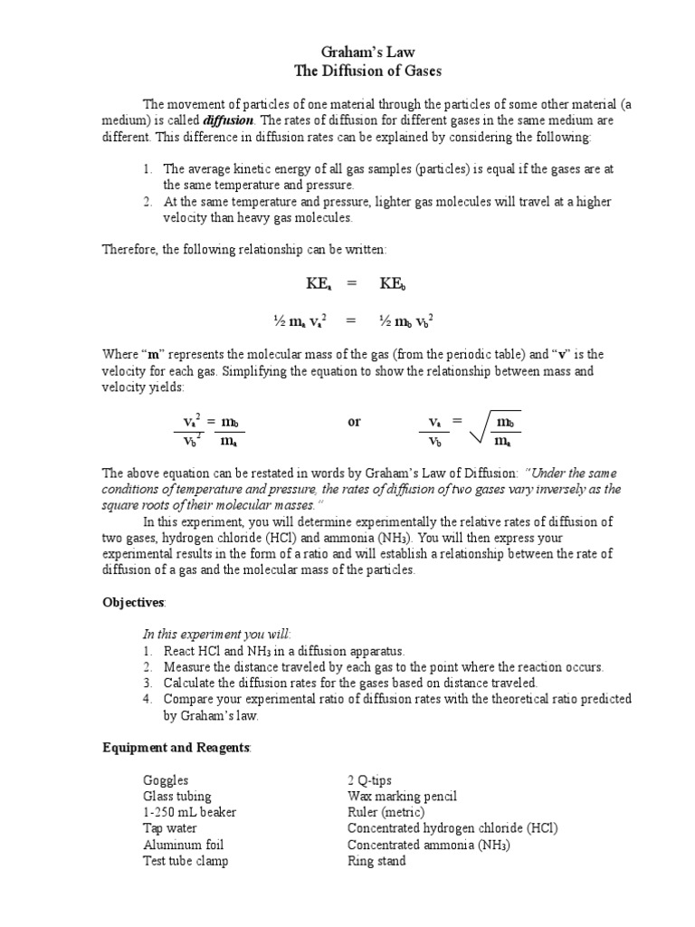 Grahams Law of Diffusion Lab | PDF | Diffusion | Gases