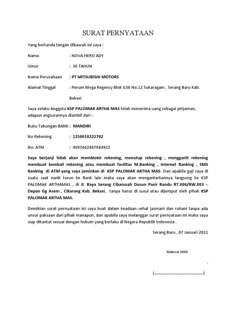 Surat Pernyataan Pinjaman KSP | PDF