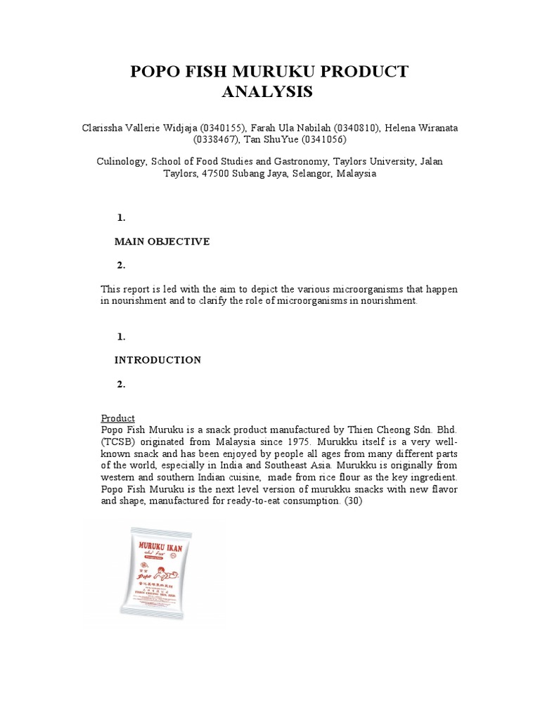 POPO FISH MURUKU PRODUCT ANALYSIS T | PDF | Extrusion | Foods