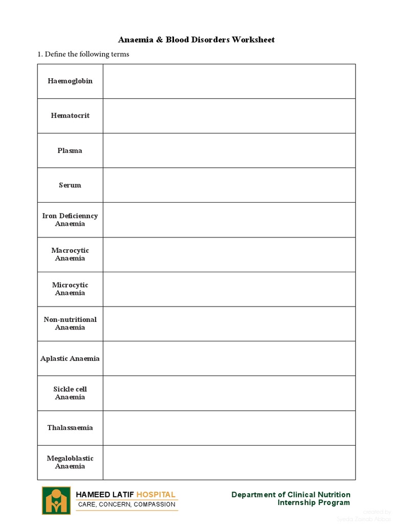 Anaemia & Blood Disorders Nutrition/Dietetics Worksheet | PDF | Anemia ...
