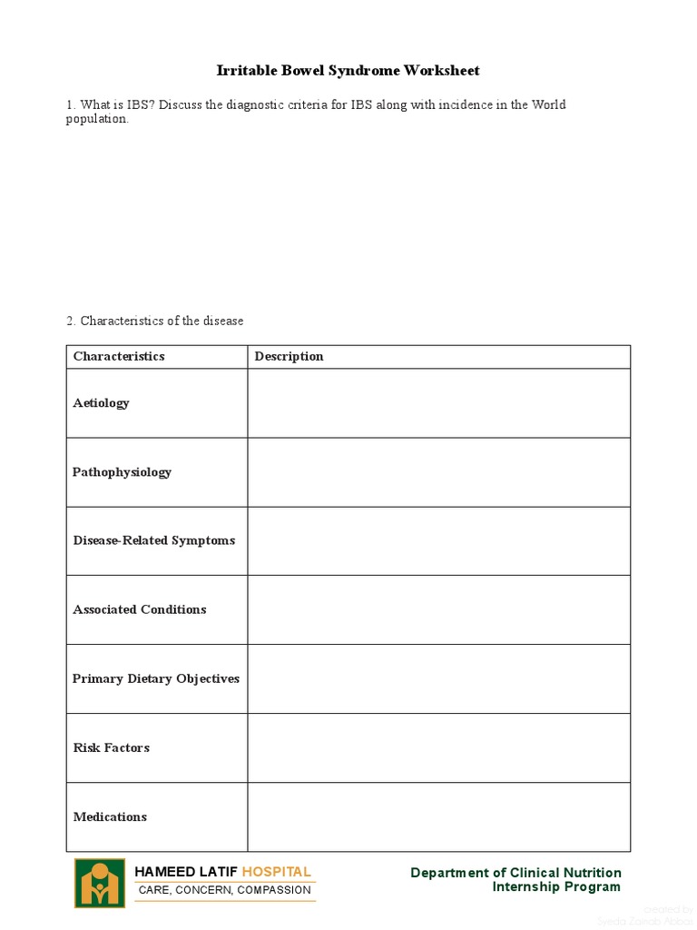IBS Worksheet | PDF | Irritable Bowel Syndrome | Medical Diagnosis