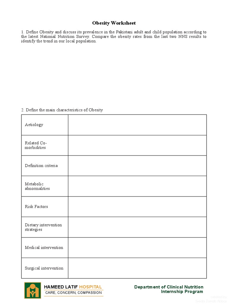 Obesity Worksheet | Download Free PDF | Bariatric Surgery | Obesity