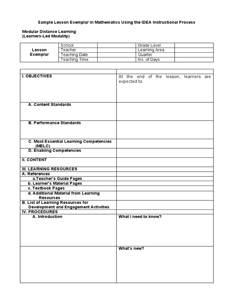 A Mathematics Lesson Plan Template Using the IDEA Instructional Model ...