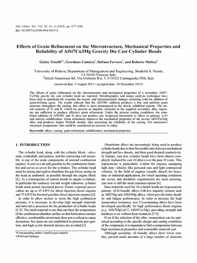 Grain Refinement in AlSi7Cu3Mg Alloys | PDF | Casting (Metalworking ...