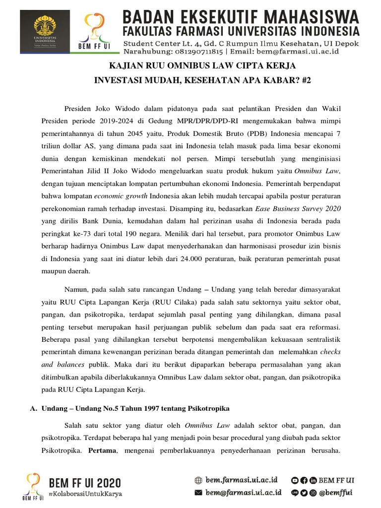 Kajian Omnibus Law BEM FF UI 2020 PDF | PDF