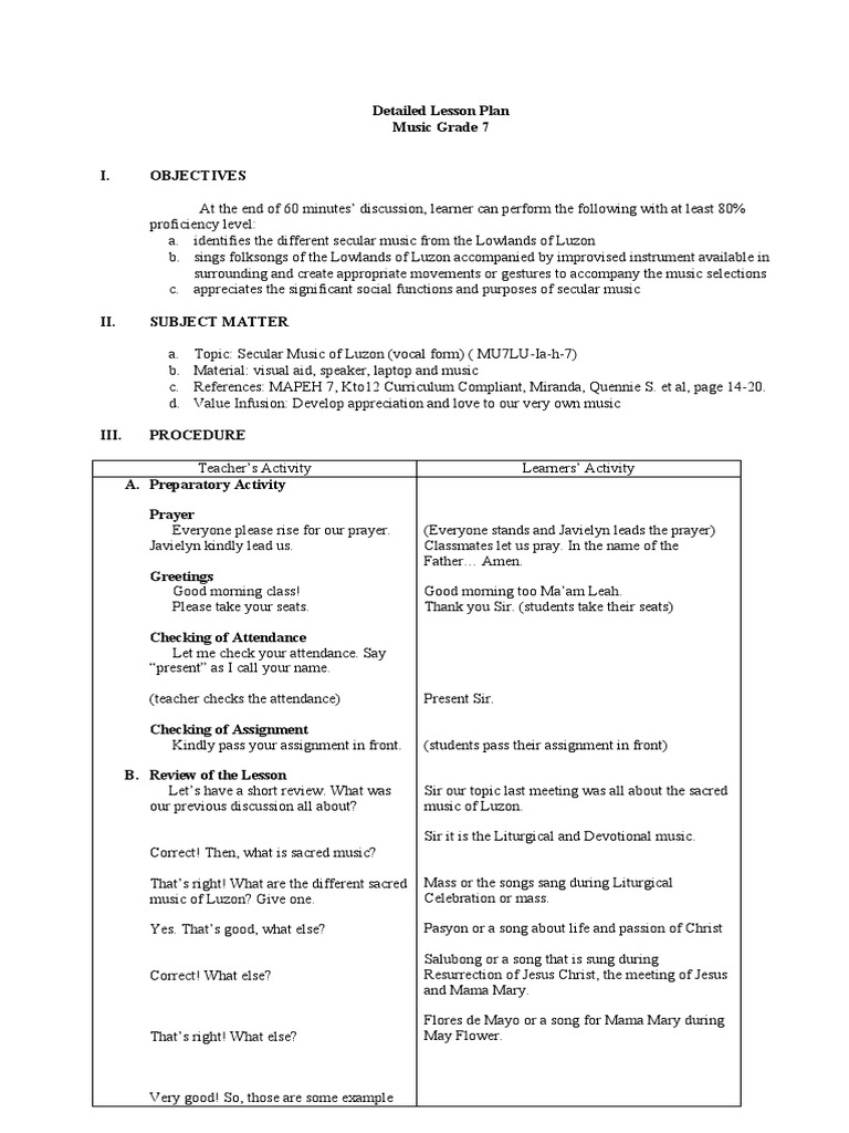 Detailed Lesson Plan in Music Grade 7 | PDF | Songs | Performing Arts