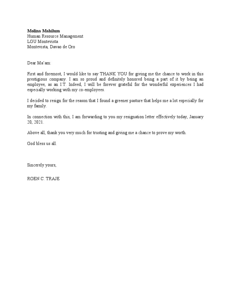 Resignation Letter for LGU Employee | PDF