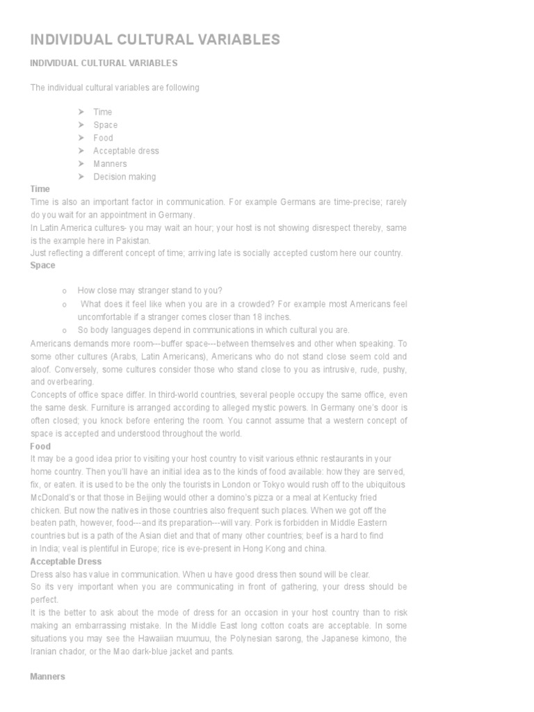 Individual Cultural Variables | PDF | Nonverbal Communication ...