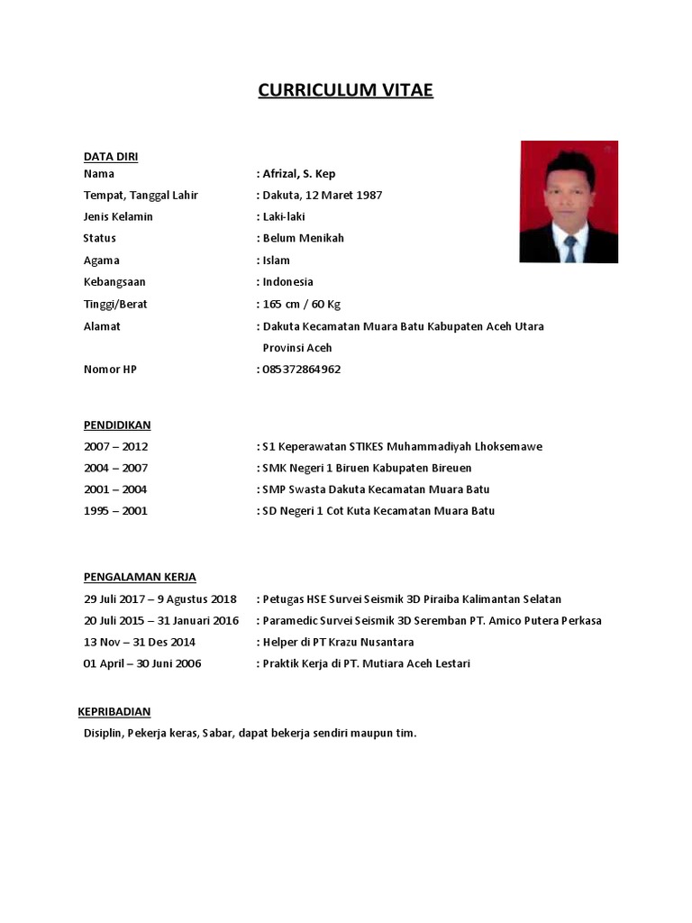 Curriculum Vitae Afrizal, S. Kep | PDF